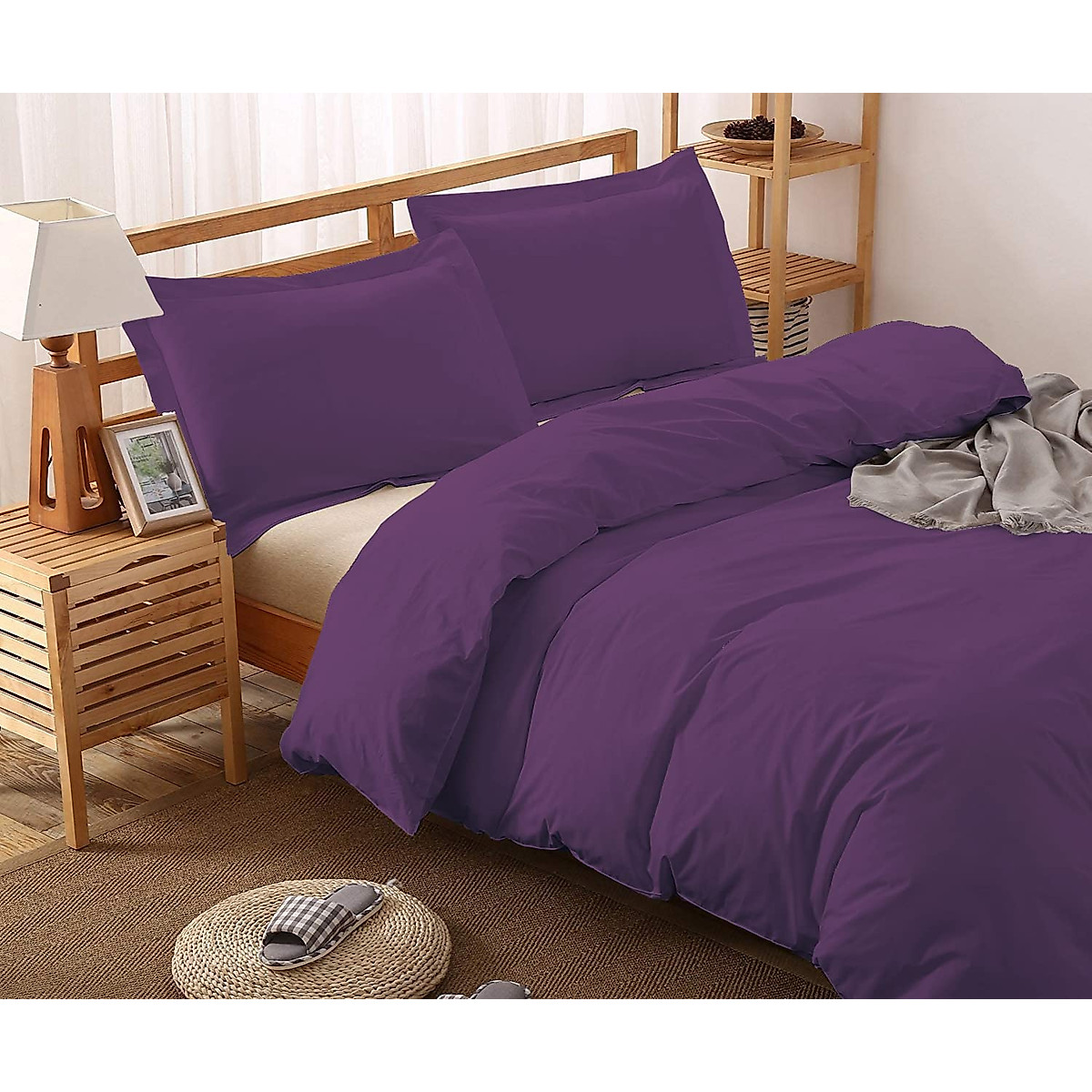 Velfont 3Pcs Duvet Cover Set 100% Egyptian Cotton 800 Thread Count Duvet Cotton with Zipper Closure & Corner Ties, Super King Size (116" x 98") Inch, Plum Solid