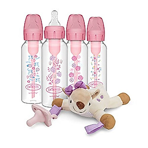 Dr. Brown’s Natural Flow® Anti-Colic Options+™ Narrow Baby Bottles 8 oz/250 mL, with Level 1 Slow Flow Nipple, 4 Pack, Pink Floral & Deer Lovey with HappyPaci Pacifier, 0m+