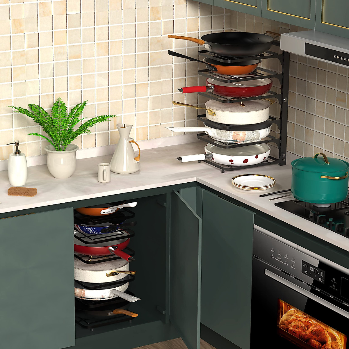 Supfirm 6-Tier Multifunctional Adjustable Pan & Pot Rack for Cabinet, Countertop Organizer, Pot Organizer for Kitchen Organization & Storage, Pot Lid Organizer (Black)