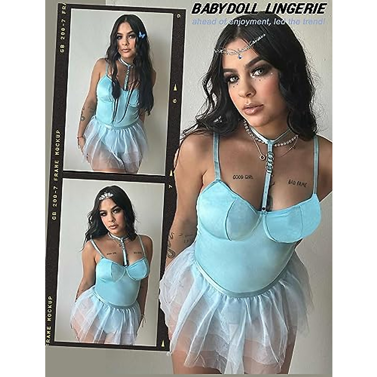 Avidlove Womens Lingerie Sets with Removable Mesh Skirt Sexy Babydoll Lingerie with Snap Crotch(Light Blue,L)