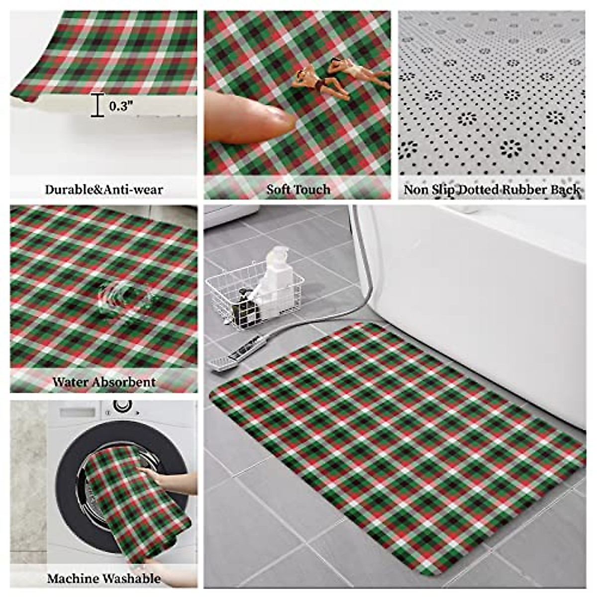 Merry Christmas 2 PCS Memory Foam Kitchen Mats, Water Absorbent Kitchen Rugs, Anti-Skid Kitchen Mat and Rug for Kitchen, Floor Home, Office, Laundry, Sink Red Green Plaid Geometric Tiled Texture