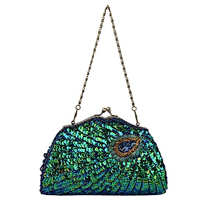 KISSCHIC Women's Vintage Beaded Sequin Evening Bags and Clutches Peacock Blue Purses Handbags