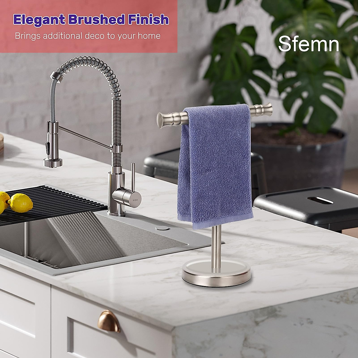 Sfemn Hand Towel Holder Stand for Bathroom Vanity Countertop SUS304 Stainless Steel T-Shape Free Standing Towel Rack Stand Towel Bar for Bathroom Kitchen (Brushed Nickel)