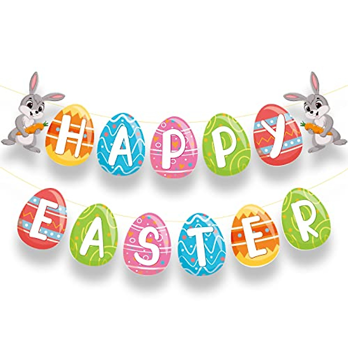 Happy Easter Banner Garland Easter Banner Paper Easter Bunnies Egg Sign for Party Decorations Supplies Home Decor for Mantle Fireplace…
