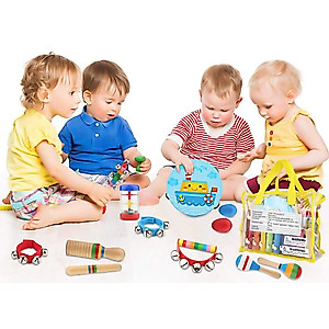 Toys for Toddlers, 25 Pcs Wooden Musical Percussion Instruments, Preschool Educational Learning Tambourine Xylophone Toys for Toddlers Kids Children with Storage