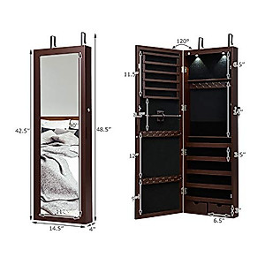 Giantex Wall/Door Mounted Jewelry Armoire Organizer with 2 LED Lights, Lockable Height Adjustable Jewelry Cabinet with Full Length Mirror, Large Capacity Dressing Makeup Jewelry Mirror Storage (Brown)