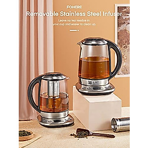 Electric Kettle with Temperature Control and Tea Infuser, FOHERE 1.7L Electric Tea Kettle, Glass and Stainless Steel Hot Tea Water Kettle, 2Hr Keep Warm, 6 Presets for Herbal, Green, Coffee, Black