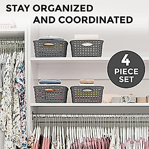 European Made Plastic Storage Bins, Heaviest Duty, Household Organizers for Bathrooms, Bedrooms, Kitchens, Laundry Room, Cabinets, Shelves, 4 Pk, Dark Grey