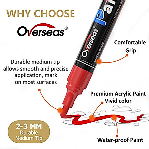 Overseas White Paint Pens Paint Markers - Permanent Acrylic Markers 3 Pack, Water Based, Quick Dry, Waterproof Paint Marker Pen for Rock, Wood, Plastic, Metal, Canvas, Glass, Fabric, Mugs. Medium Tip