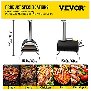 VEVOR Outdoor Pizza Oven 12",Wood Fired Oven with Feeding Port,Wood Pellet Burning Pizza Maker Ovens 932℉Max Temperature Stainless Steel Portable Pizza Ovens with Accessories for Outdoor Cooking.