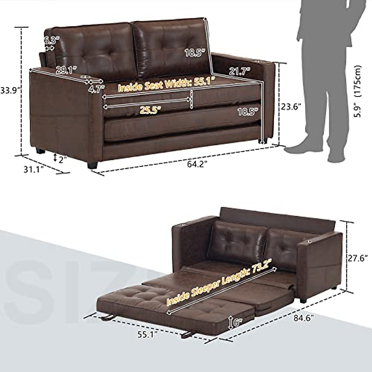 VINGLI Upgraded 64" W 84" L Full Size Futon Sofa Bed, 6" Thick Upholstery Rustic Microfiber Loveseat Sofa Sleeper Pull Out Couch,Convertible Floor Couch for Living Room, Bedroom, Entertainment Room