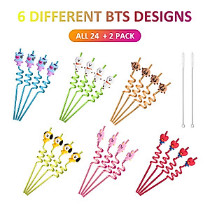 24 BTS Straws with 2 Cleaning Brush 6 Designs Great for Birthday as Party Favors and Party Supplies