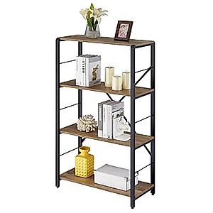 FOLUBAN 4 Tier Open Bookshelf, Vintage Free Standing Book Shelf, Rustic Wood and Metal Bookcase for Home Office, Oak