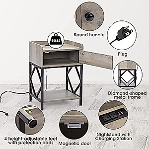 JAXPETY Set of 2 Industrial Wood Nightstand with Charging Station and USB Ports, Accent End Table with Storage and Shelf, Night Stand Bedside Table for Home Bedroom, Small Spaces, Washed Grey