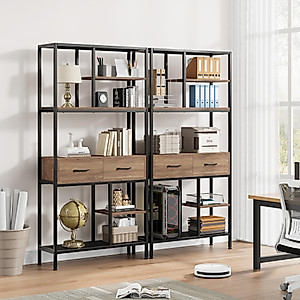 BOTLOG Book Shelf, Tall Bookcase with Storage, 6-Tier Industrial Bookshelf with 2 Wooden Drawers for Home Office and Living Room, Brown