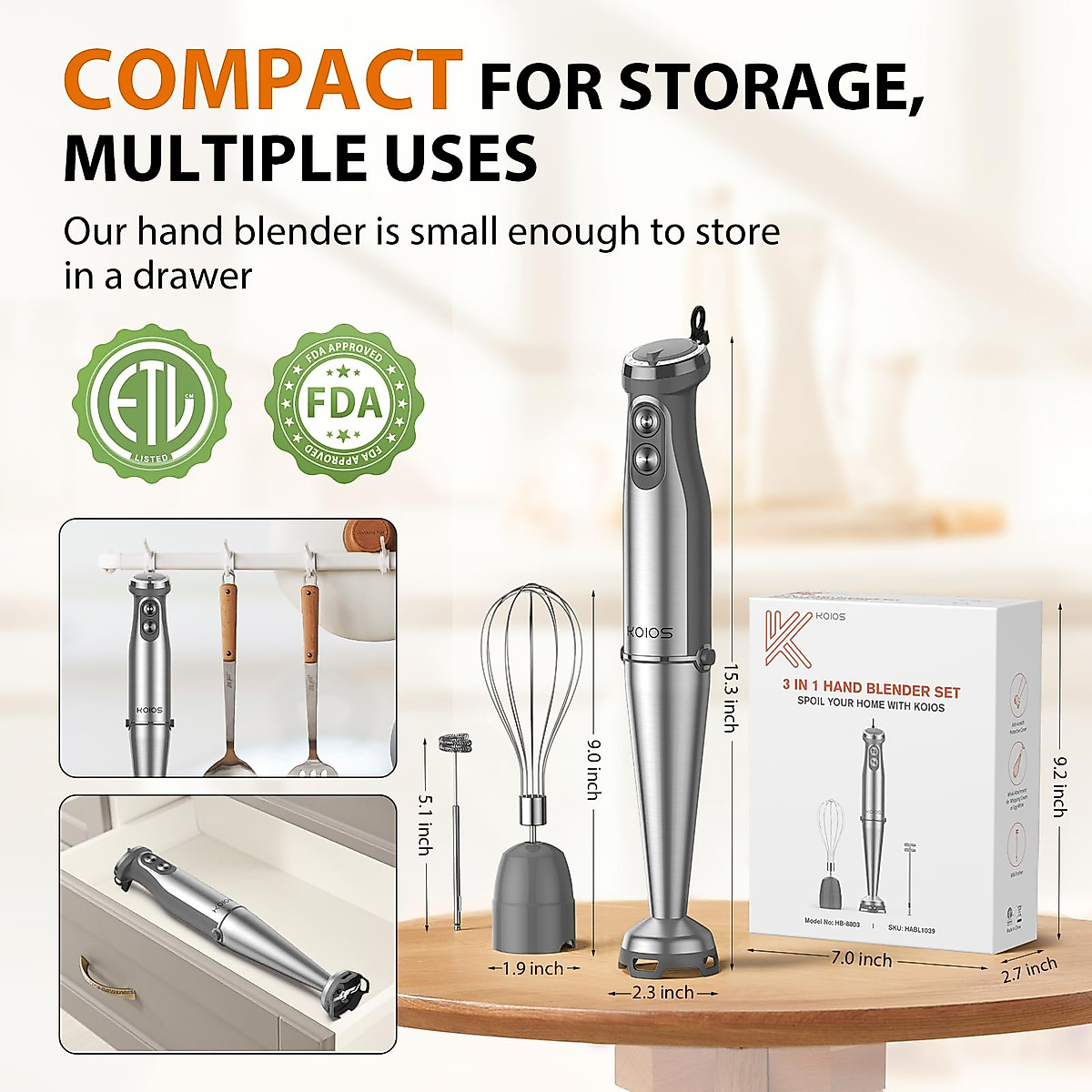 KOIOS Immersion Blender, 1000W Anti-scratch 3-in-1 Hand Blender, Upgraded 12 Speed Stainless Steel Blade Stick Blender with Turbo Mode, Whisk and Milk Frother, Non-BPA