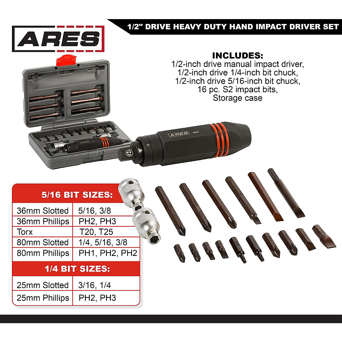 ARES 10027 – 1/2-Inch Drive Heavy Duty Hex Grip Impact Driver – 1/4-Inch & 5/16-Inch Bit Chucks – S2 Bits – Slotted 3/16, 1/4, 5/16, 3/8 Inch Bits – Phillips PH1, PH2, & PH3 Bits - T20, T25 Bits
