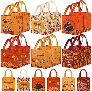 MIMIND 18 Pieces Thanksgiving Non-Woven Tote Bags Turkey Pumpkin Fall Party Gift Bags with Handles Thanksgiving Day Treat Bags Reusable Grocery Goodie Shopping Bags for Fall Thanksgiving Party Favors