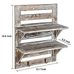 Liry Products Rustic Wooden Wall Mounted Shelves Iron Hooks Two-Tier Storage Rack Brown Torched Distressed Wood Display Shelf Organizer Farmhouse Decorative Holder Home Office Kitchen Living Room
