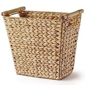 Wicker Waste Basket - Trash Basket with Wooden Built-in Handles - Wastebaskets for Bedroom, Bathroom, Kitchen, Living Room, Office - Handwoven Trash Cans for Under Sink, Garbage Can (Water Hyacinth)