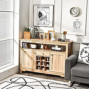 Giantex Buffet Server Sideboard, Console Table, Wood Dining Table, Cupboard Table with 2 Cabinets, 1 Drawer and 9 Wine Cabinets, Storage Organizer Kitchen and Dining Room (Natural)