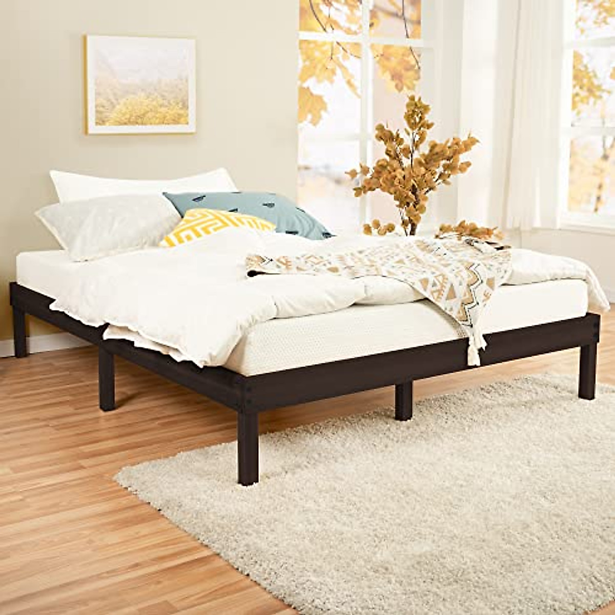 Naomi Home Lucia 14 Inch Solid Wood Platform Bed Queen Bed Frame, Pine Wood Queen Platform Bed Frame, No Squeak Bed Frame, Bed Frame Queen Size, No Box Spring Needed, Sturdy Bed Frame - Espresso