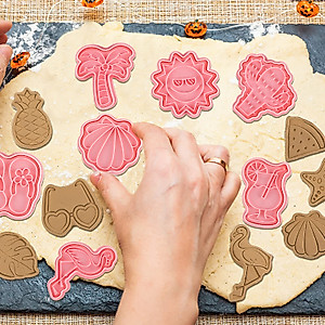 16 Pcs Summer Beach Cookie Cutters with Plunger Stamps Set Tropical Cookie Molds Beach Party Supplies Biscuit Fondant Cutters, Pineapple Flamingo Palm Tree Starfish Seashell Sunglasses Ice Cream
