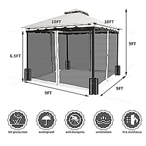 10x10 Gazebo with Mosquito Netting and Sand Bag, Aluminum Pole Outdoor Gazebo with Polyester Top, Fireproof Enclosure & Waterproof Screen Patio Tent, Garden Pavilion for Backyard, Lawn (Cream)