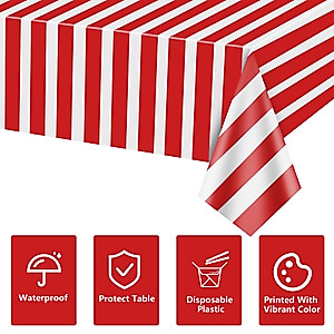 PIXHOTUL 4 Pieces Carnival Table Cloths, Red and White Stripe Tablecloths, Red Plastic Table Cover, Circus Theme Party Decorations for Carnival, Movie Night, Birthday, Christmas, Wedding, 51'' x 86''