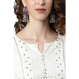 Janasya Indian Women's Off- White Yoke Printed Poly Silk Kurta with Palazzo and Dupatta