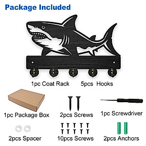 MAYJOYDIY Wooden Shark Wall Mount Coat Rack Sea Fish Key Hanger for Wall 11.8×7.9inch Sea Ocean Creatures Key Holder Rack 5 Alloy Hooks Sea Life Wall Art Decor for Gift Living Room Office Entryway