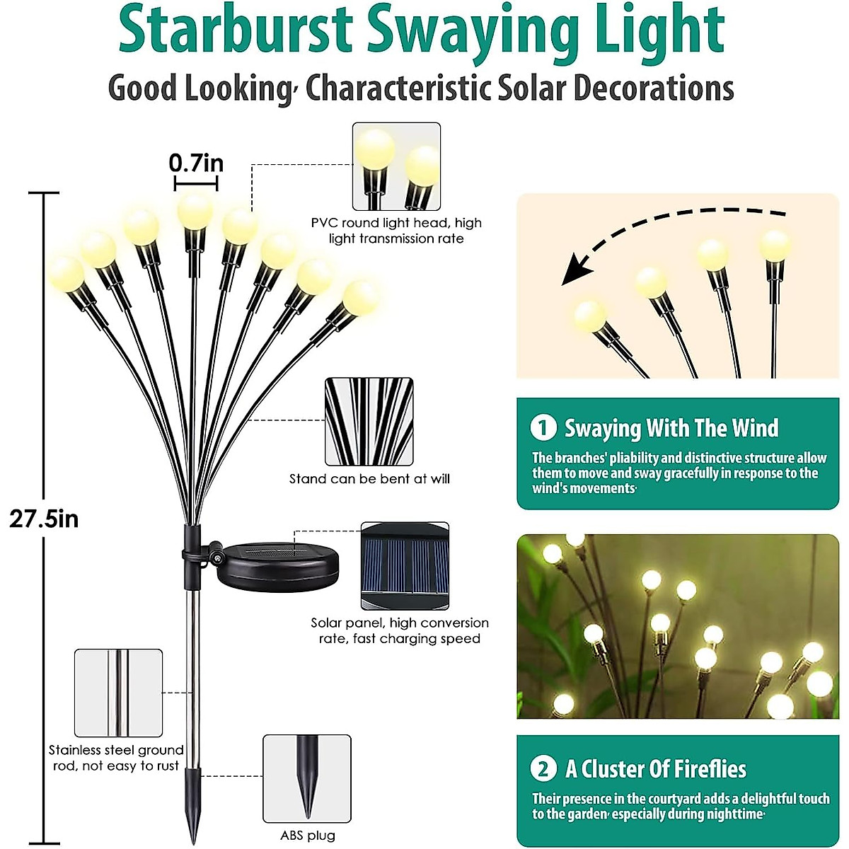 BOSSERN 4 Pack Firefly Garden Lights: Solar Outdoor Waterproof, 32 LED Vibrant Firefly Starburst Lights, Swaying by Wind, Garden Decoration (Warm White)