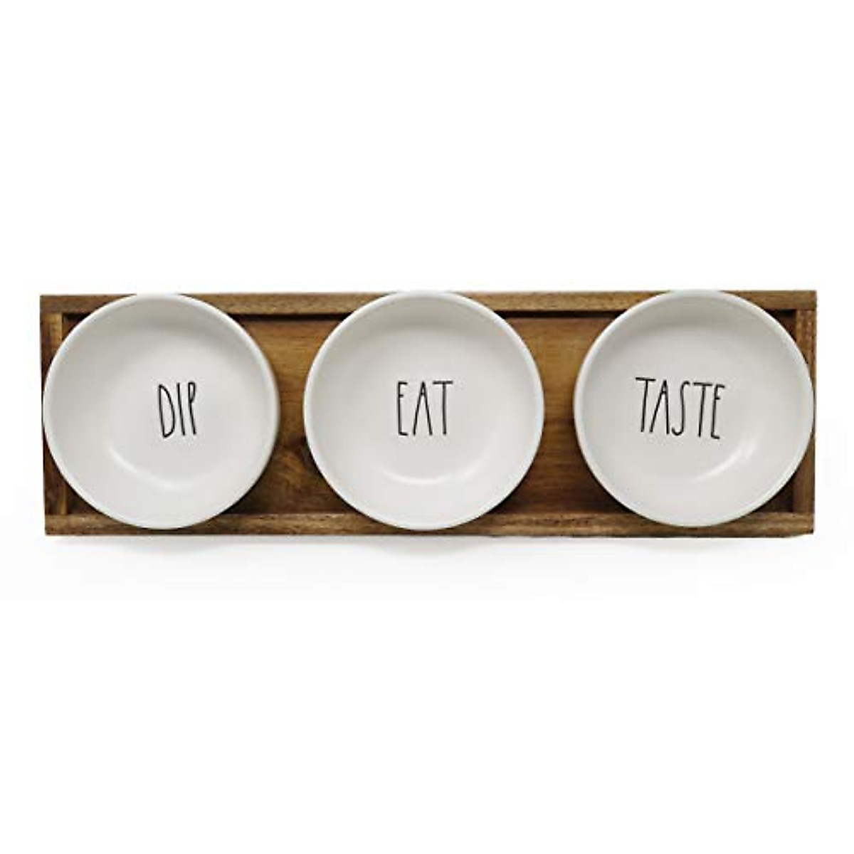 Rae Dunn By Magenta 4 Piece DIP EAT TASTE Ceramic LL Dip Bowl Serving Platter Set With Wood Tray 2019 Limited Edition