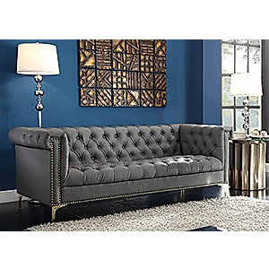 Iconic Home Winston Nail Head Tone Legs PU Leather Modern Contemporary Button Tufted with Gold Nailhead Trim Goldtone Metal Y-Shaped Feet Sofa, Grey