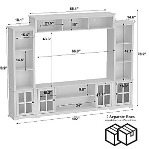 DiDuGo Large Entertainment Center with Bookshelves & Glass Doors, 66.9x43.3 inch Hutch Space for TV, Living Room Entertainment Center with Storage, White (102”W x 14.6”D x 78.2”H)