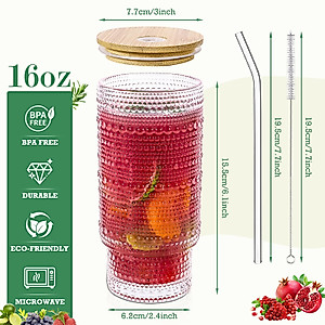 CWHHRN 16OZ Glass Cups with Lids and Straws, Vintage Embossed Glassware for Whiskey Cocktail Beer, Iced Coffee Cups with Lid, Glass Tumbler with Straw and Lid (2 PACK)