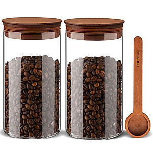 BOILMERIT 37 oz Coffee Canister with Scoop and Wooden Lids, Airtight Coffee Storage Container Sets of 2 for Ground Coffee, Glass Coffee Jars for Coffee Beans, Coffee Bar Organizer, Kitchen Countertop