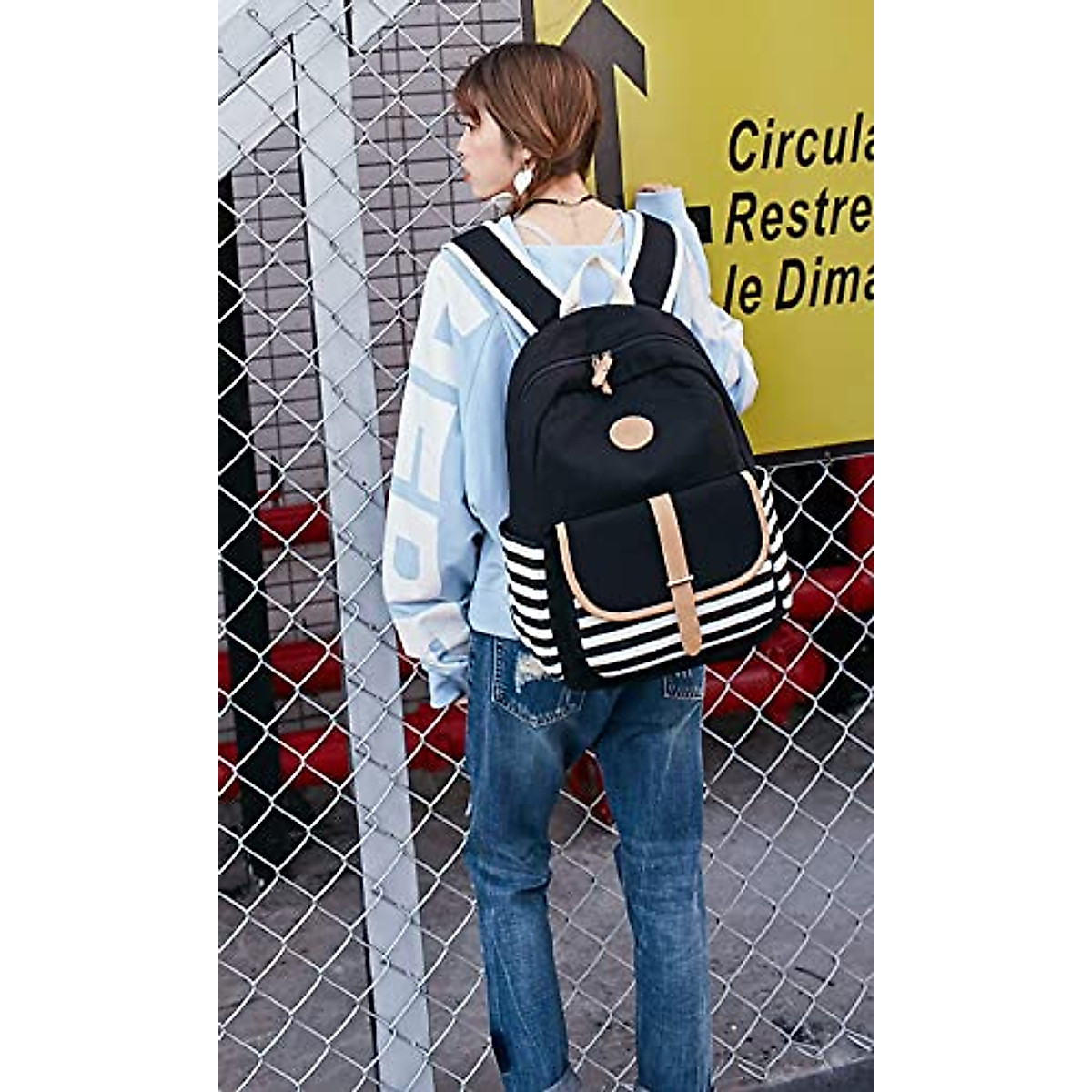 Createy 4 Pcs Canvas Backpack for Girls School Bag Kids Bookbags Teen Backpack Travel Daypack Stripe Backpack with Lunch Box and Pencil Case