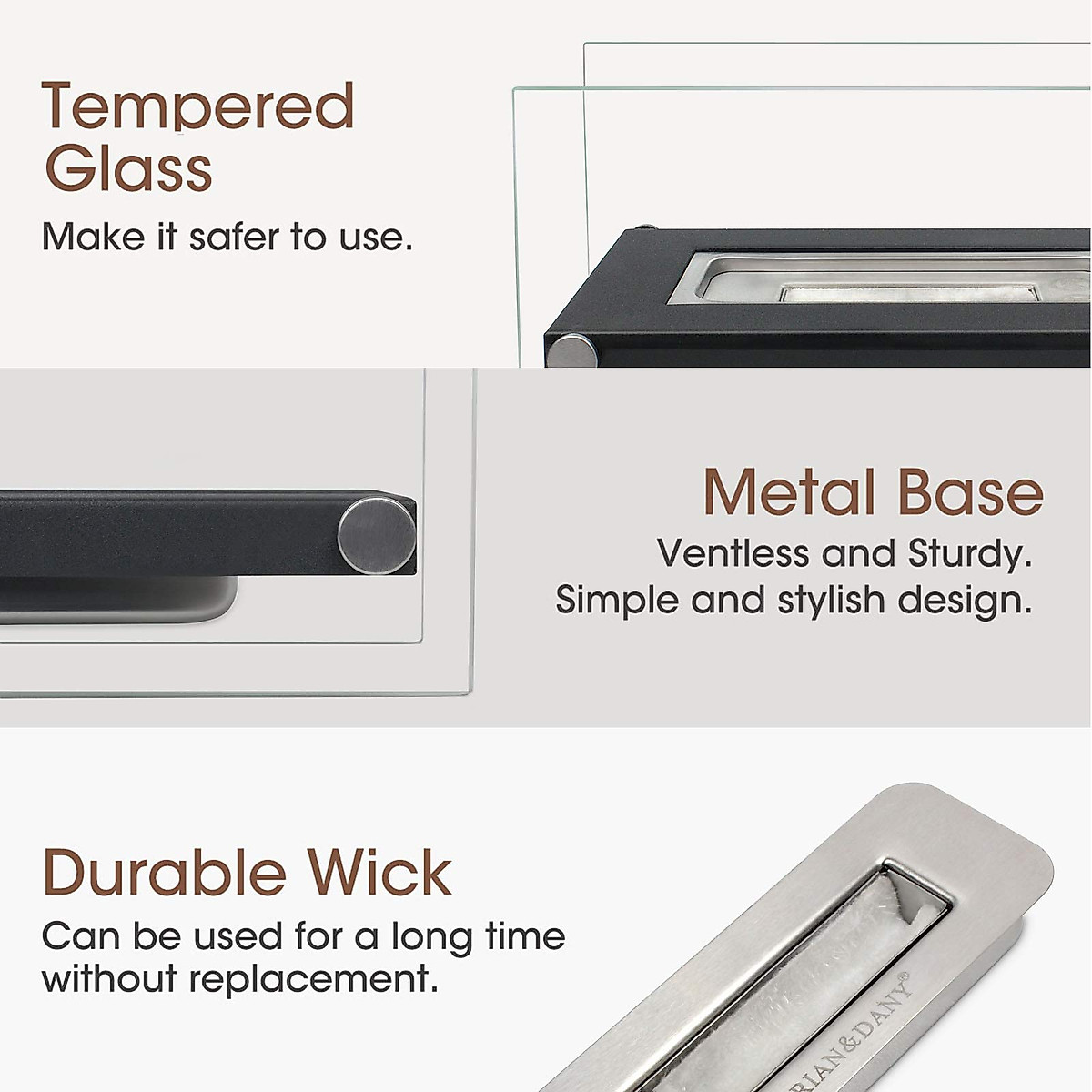 BRIAN & DANY Tabletop Fire Pit, Portable Rectangle Table Top Firepit with 2 Glass Panels, Black Ethanol Tabletop Fireplace for Indoor & Outdoor