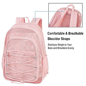COVAX Heavy Duty Mesh Backpack, See Through College Mesh Backpack, Semi-transparent Mesh Bookbag with Bungee and Comfort Padded Straps for Commuting, Swimming, Beach, Outdoor Sports (Pink)