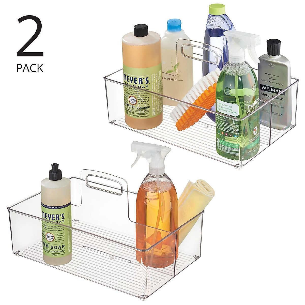 mDesign Large Plastic Divided Portable Storage Organizer Caddy Tote Basket Bin with Handle for Kitchen, Pantry, Countertop, Cabinet, Cupboard - Ligne Collection - 2 Pack - Clear