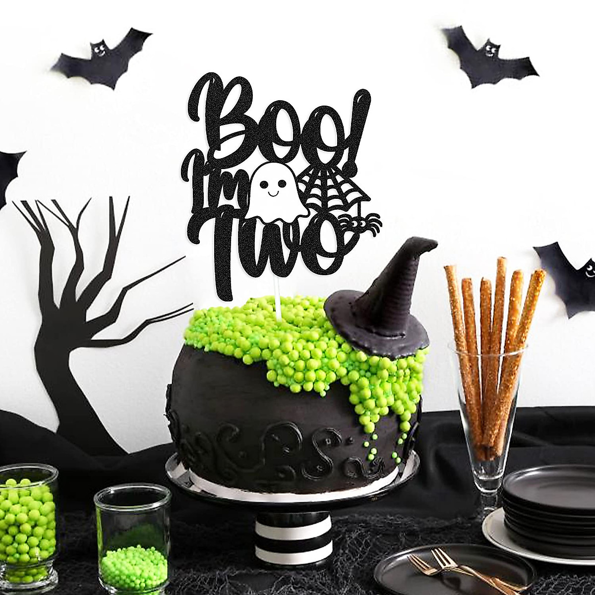 Levvcirki Boo I’m Two Cake Topper Halloween 2nd Cake Decoration for Boy Girl Halloween Ghost Spider Bat Theme Second Happy Birthday Party Décor Supplies