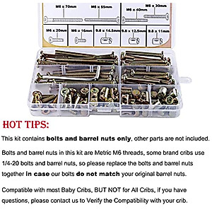 Crib Screws and Bolts Replacement Hardware Kit - Baby Bed Screws 85mm 75mm 70mm 55mm 50mm 45mm 40mm 30mm 20mm 16mm M6 Replacement Bolts Barrel Nuts for Baby Toddler Bed Crib Furniture