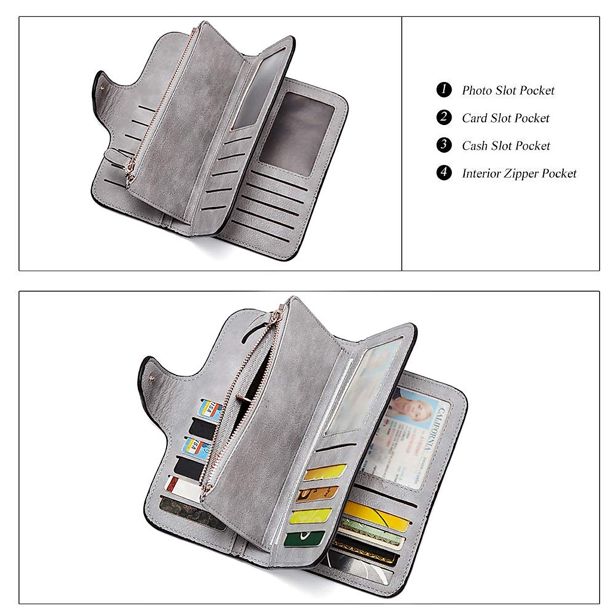 CLUCI Women Wallet Fashion Soft Leather Designer Zip Magnetic Multi Card Holder Organizer Travel Ladies Clutch Trifold Dark Grey