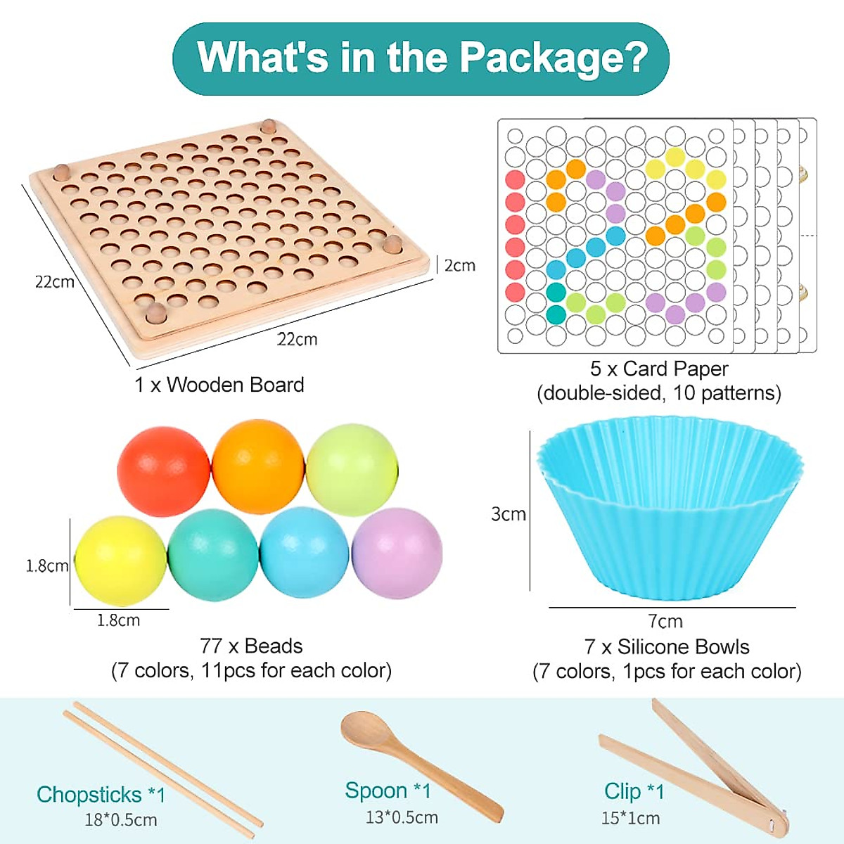 XISTEST Kids Wooden Toy, Children's Toys for 3 Years Old, Montessori Board, Fine Motor Early Education Color Recognition Chopsticks Clip Beads Hands Brain Training