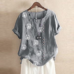 Wkishenl Summer Womens Short Sleeve Cotton Linen Tunic Tops 2023 Flowers Trendy Baggy T Shirts Button Casual Plus Size Blouse