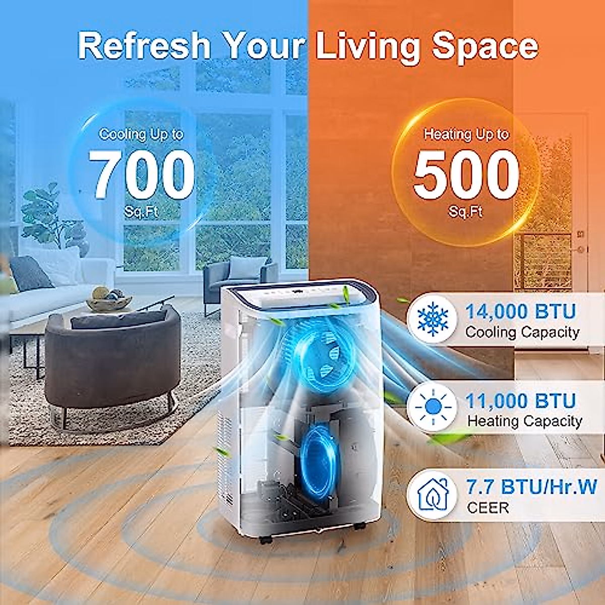 Wiytamo Portable Air Conditioners for Rooms Up to 700 Sq.Ft, 4-in-1 Portable AC Unit, Heater, Dehumidifier & Fan Mode, Remote Control, LED Display, Auto Swing, 14,000 BTU, White