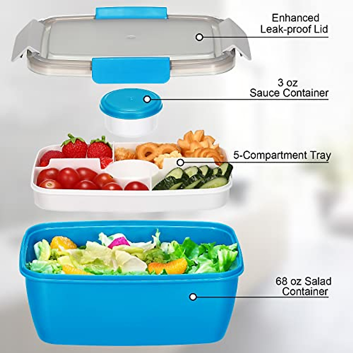 Hotop 3 Packs Salad Lunch Container 68 oz Large Bento Lunch Box Adult Salad Bowl with 5 Compartments Salad Dressings Container Bento Style Tray for Toppings,Blue,Green,Pink