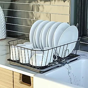 TEKNOTEL Dish Rack Large Dish Drying Rack with Swivel Spout for Kitchen Counter, Expandable Dish Drainer Rack with Utensil Holder and Cup Holder (Rectangle)