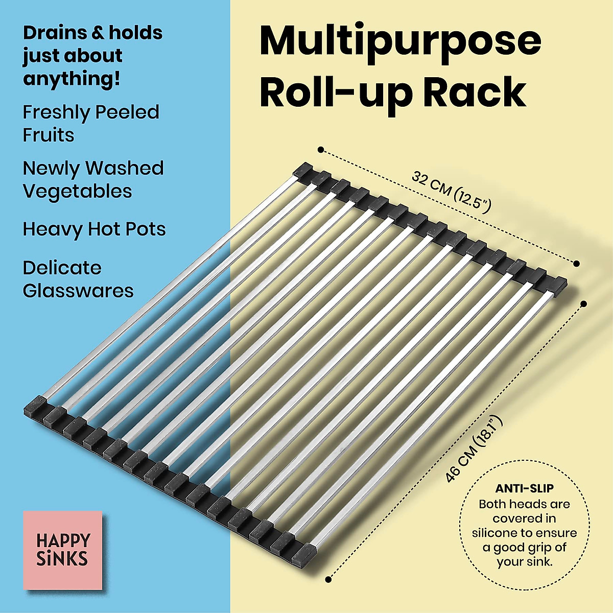 Happy Sinks Roll Up Dish Drying Rack - Foldable Stainless Design for Maximizing Kitchen Space - Over Sink Rack - Stainless Steel Over Sink Dish Drainer 18.1" x 12.6" - Drying Rack Kitchen (Steel)